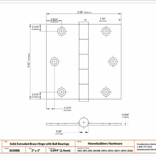 Door Hinge 3 x 3 Solid Brass - Polished Brass (US3) | Homebuilders Hardware